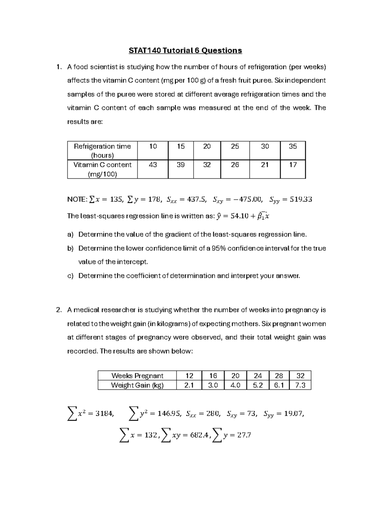 STAT140 Tutorial 6 Regression Analysis Questions - Studocu