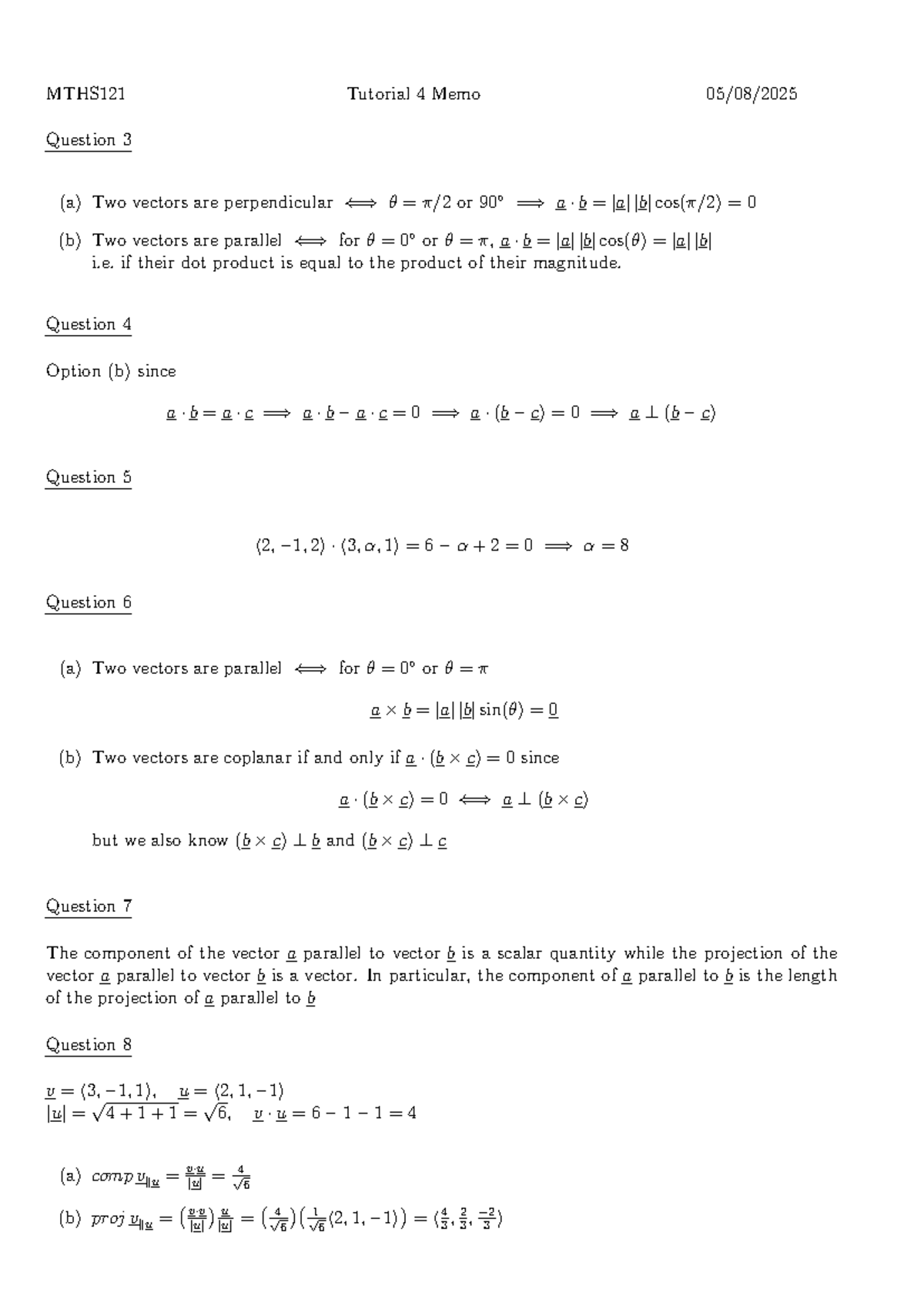 MTHS121 Tutorial 4 2025 Memo: Vector Analysis and Properties - Studocu