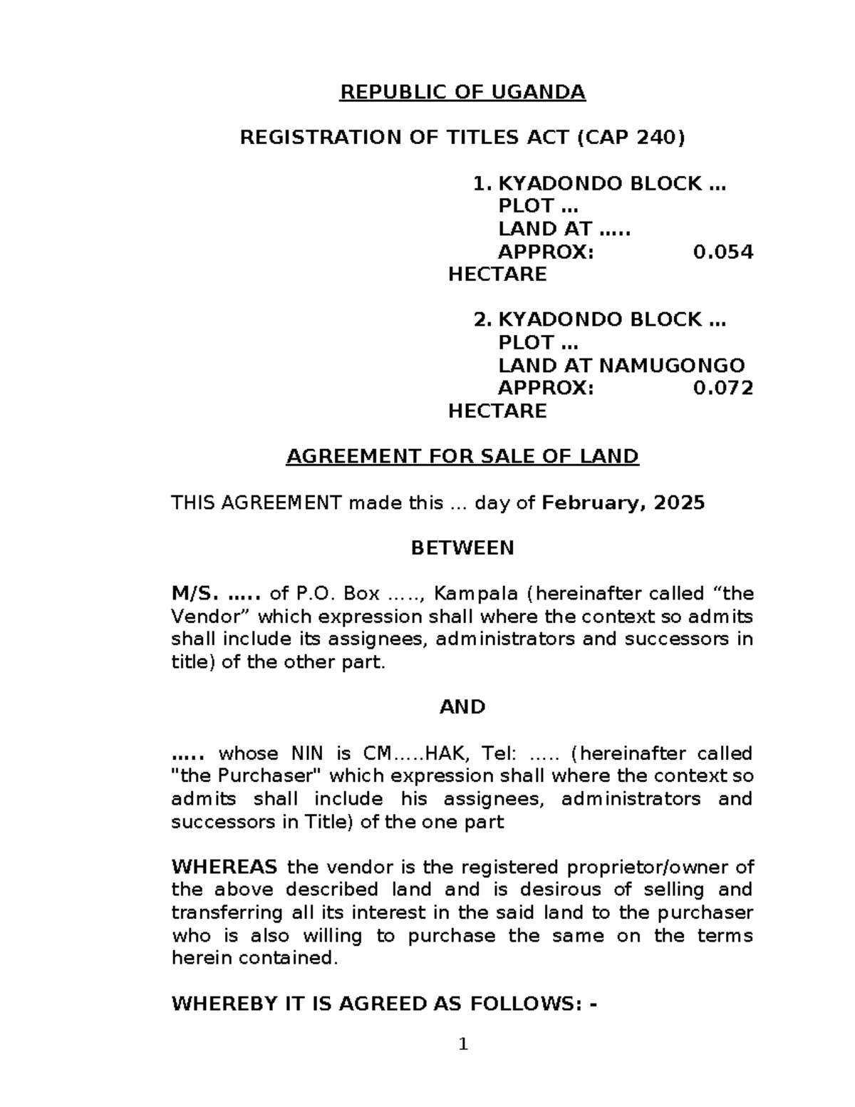 Sale agreement for Kyadondo block plot land (Cap 240) - Studocu