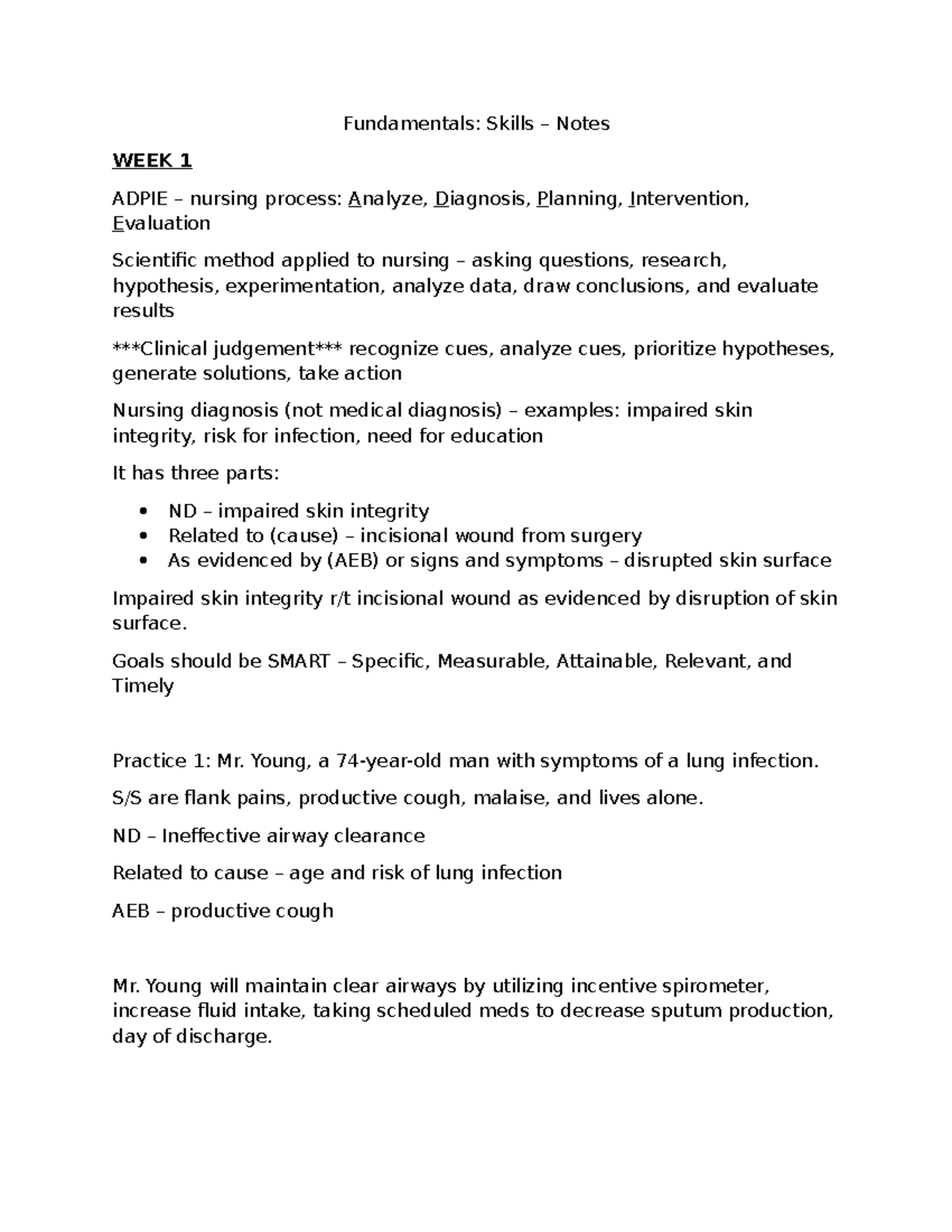 NUR 101 Fundamentals Skills: Clinical Notes & Nursing Processes - Studocu