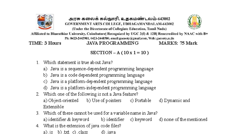 Java Programming QP - Lab (TIME: 3H, MARKS: 75) - Studocu