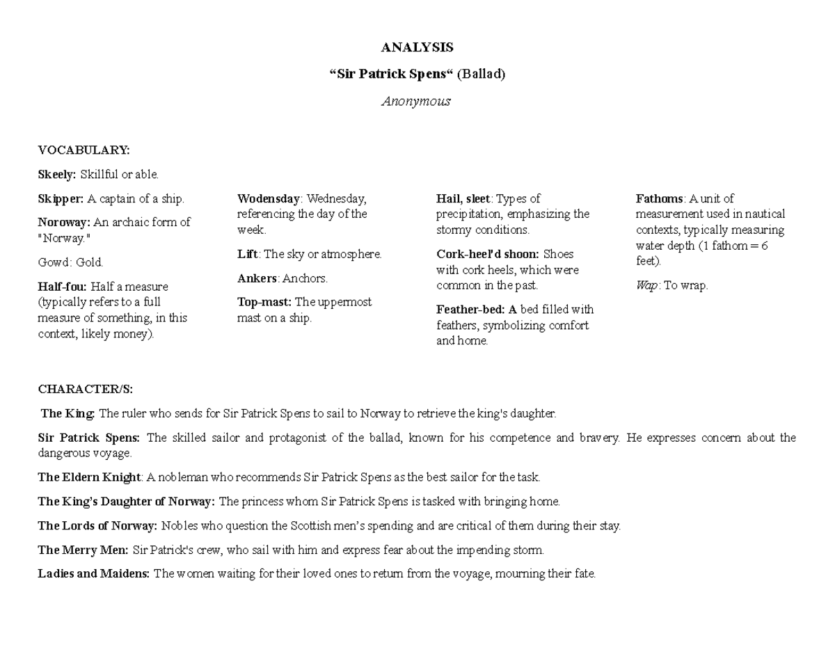 Sir Patrick Spens (Ballad) Analysis: Vocabulary & Themes - Studocu