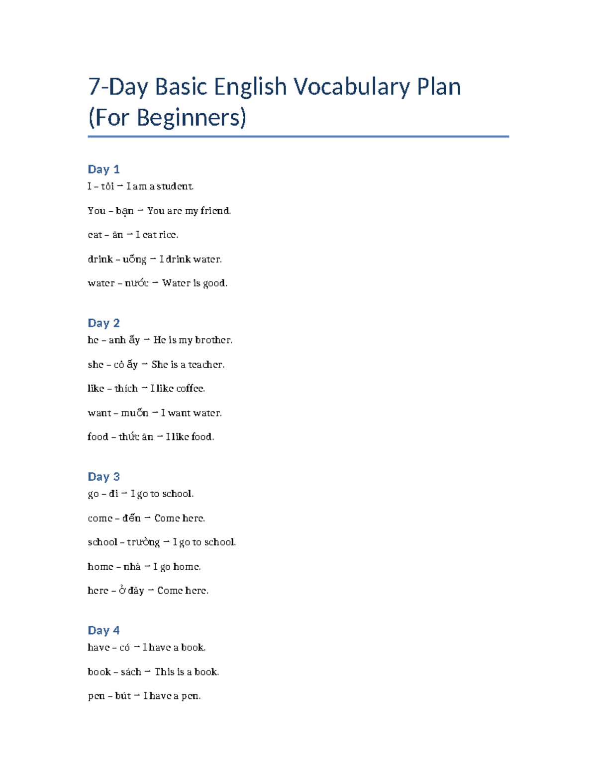 Basic English Vocabulary Plan (7-Day Course) - Studocu
