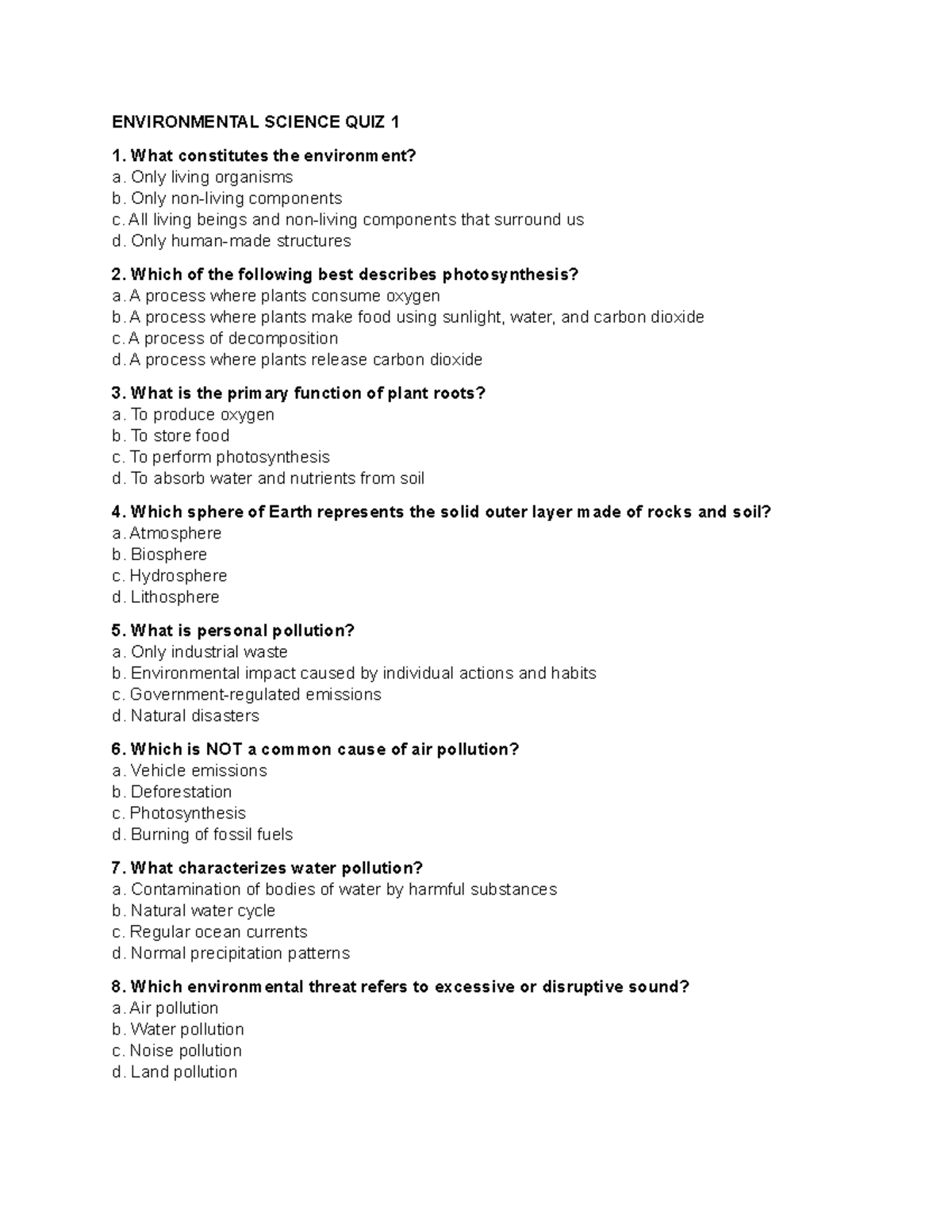 Envisci Lesson 1 Special Quiz - ENVIRONMENTAL SCIENCE QUIZ 1 What ...