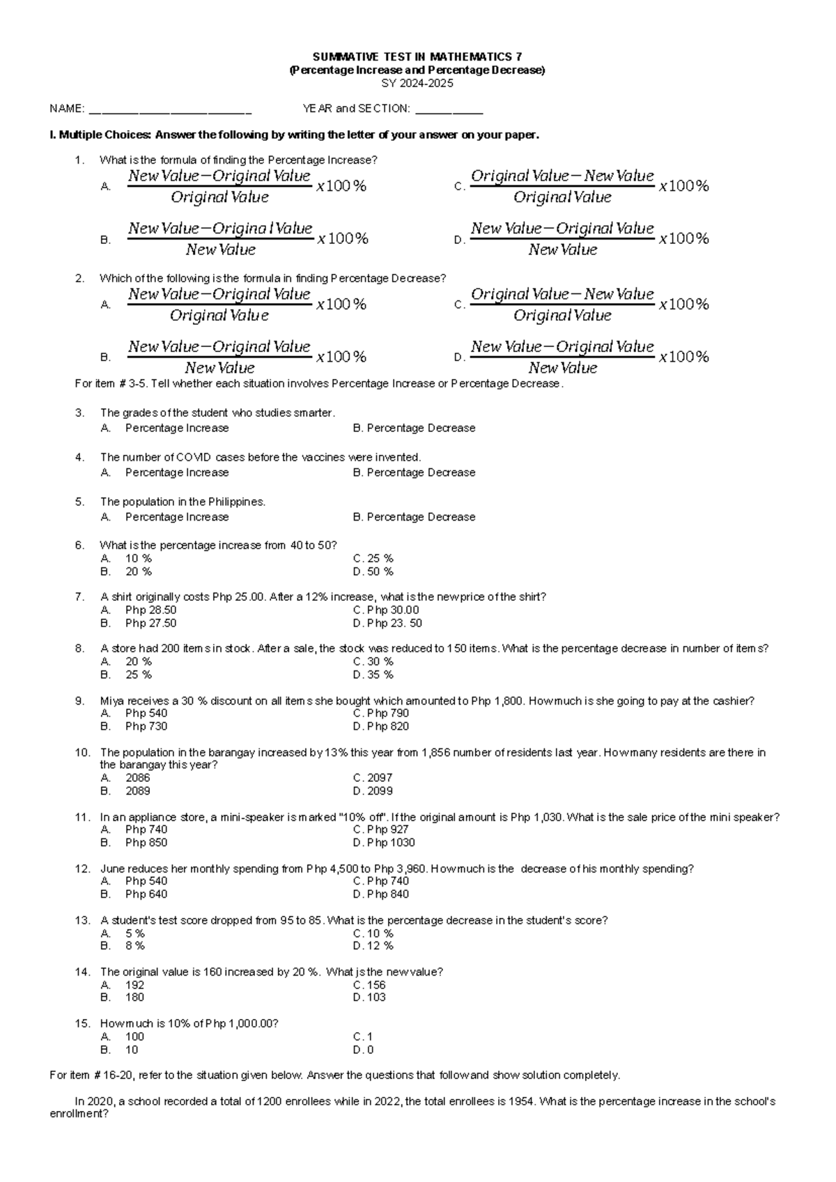 Math 7 Summative Test Percentage Increase Decrease Tq Q1 Studocu