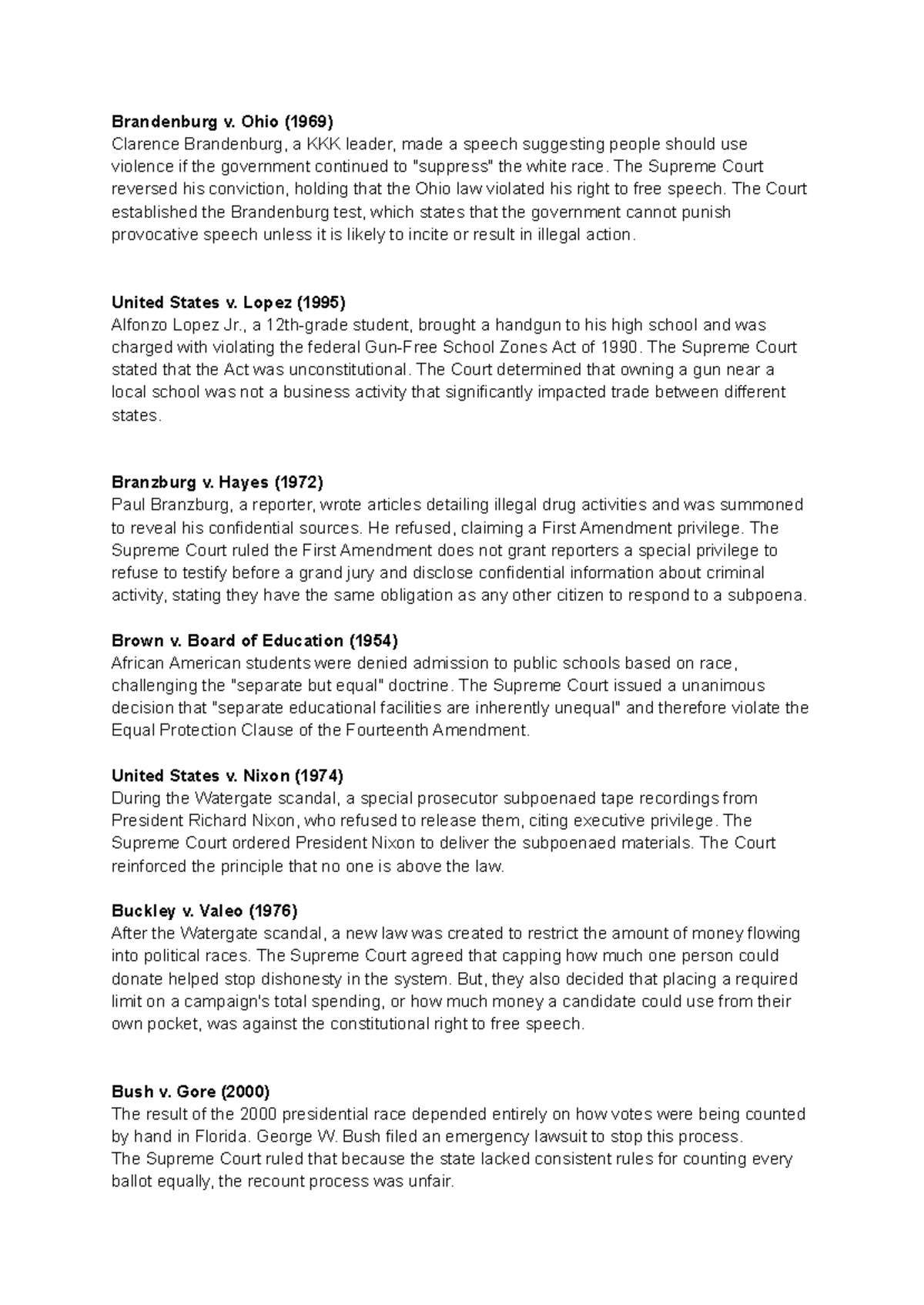 Supreme Court Landmark Cases Overview (Constitutional Law) - Studocu