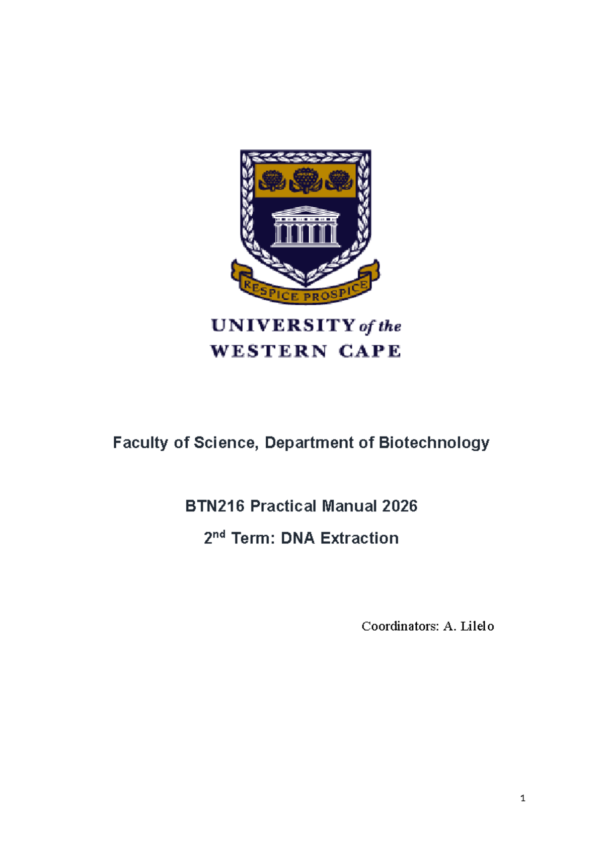 BTN216 Practical Manual 2026: DNA Extraction Techniques and Ethics ...