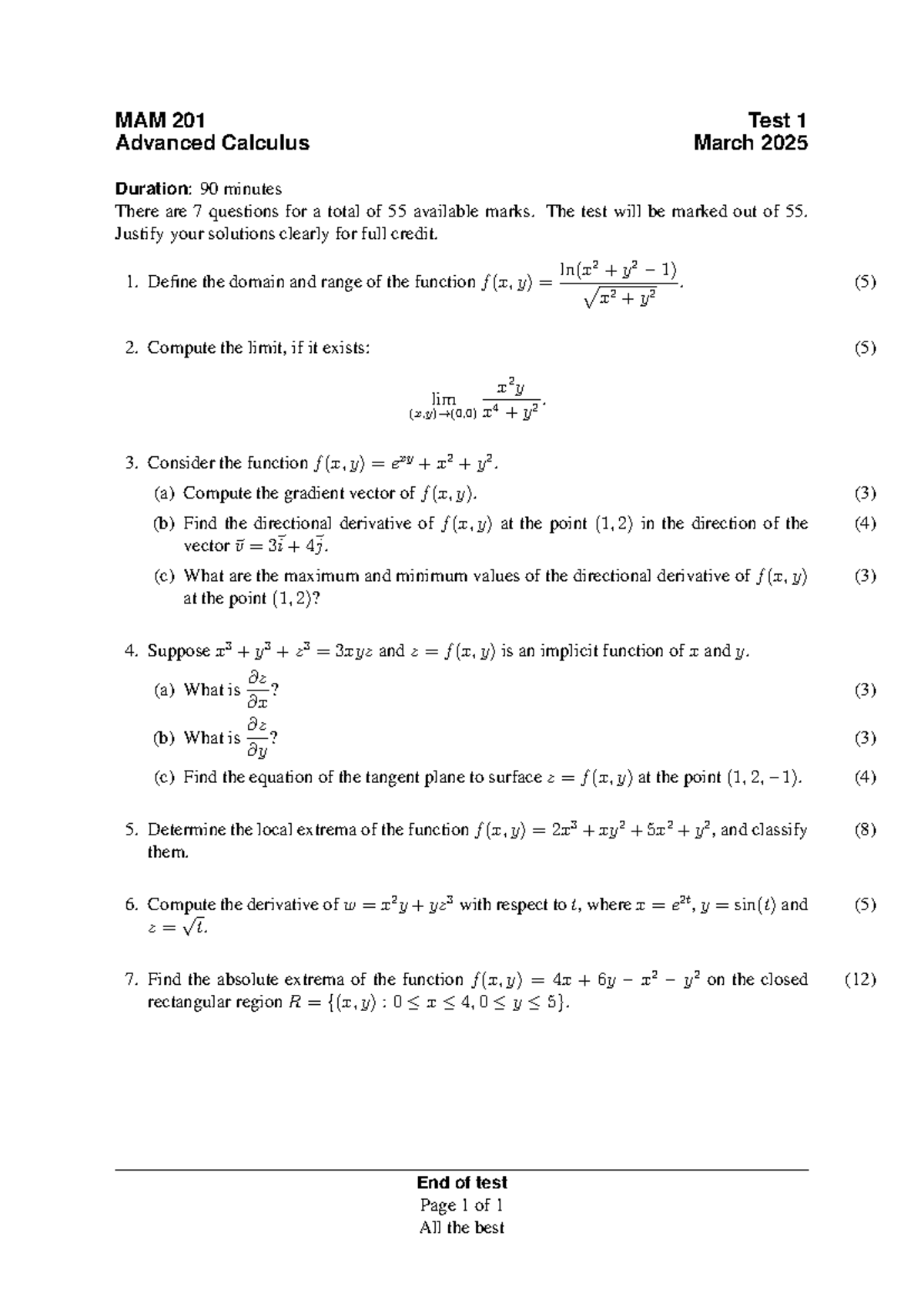 Test 1 MAM 201 - Advanced Calculus Exam March 2025 - Studocu