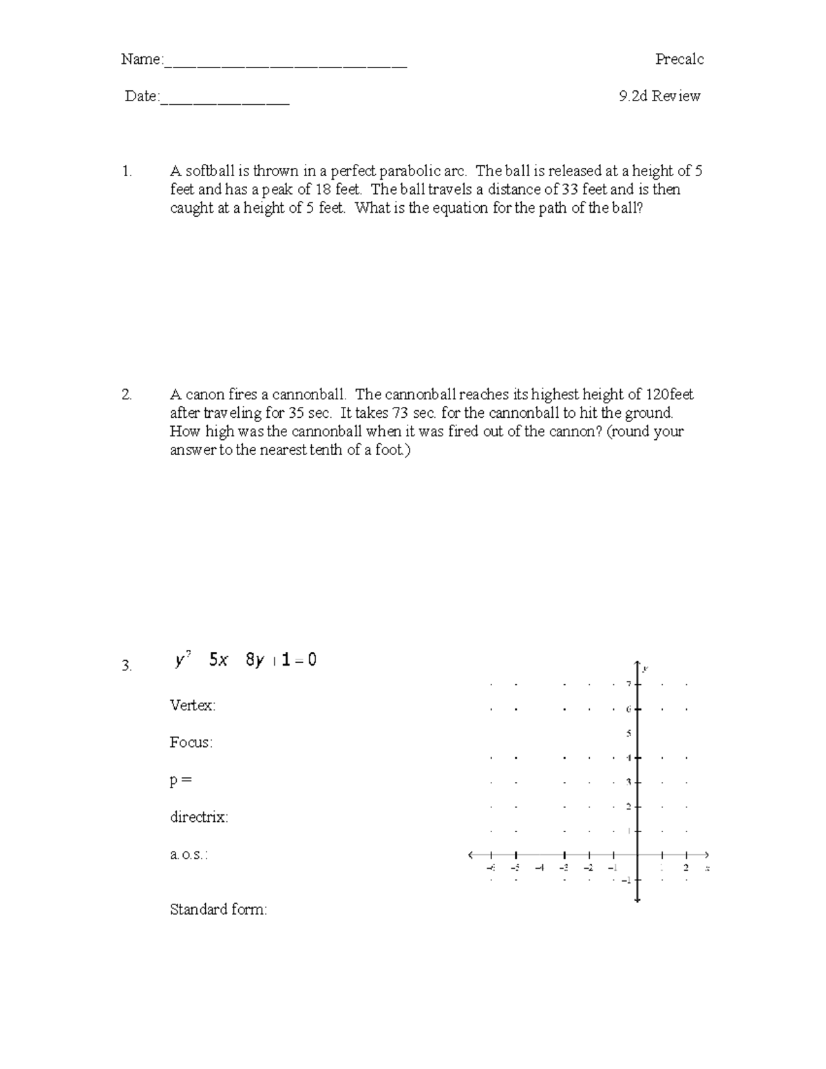 Precalc 9.2d Parabola Review: Equations & Graphs - Studocu