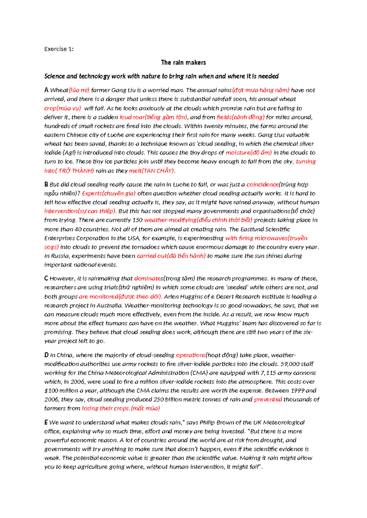 BTVN U3: Reading Comprehension - Matching Headings Exercise - Studocu