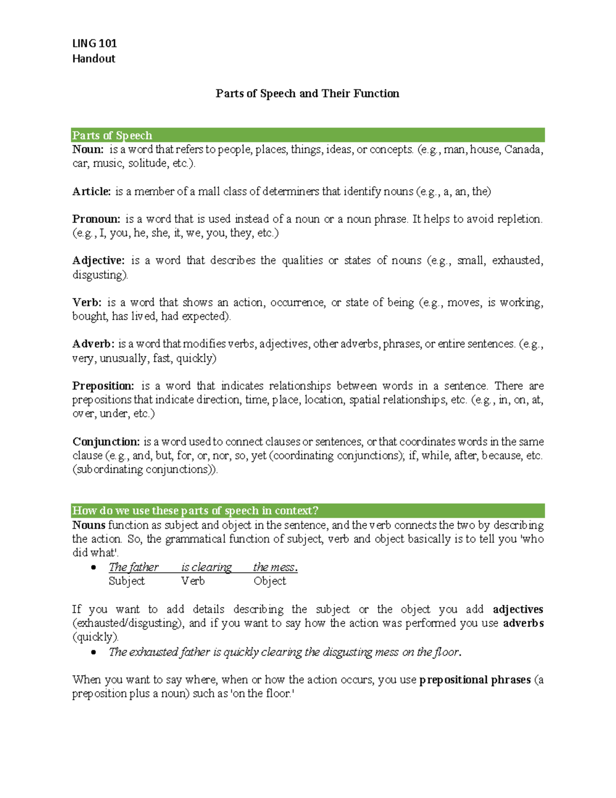 Parts of Speech and Their Function - LING 101 Handout Parts of Speech ...