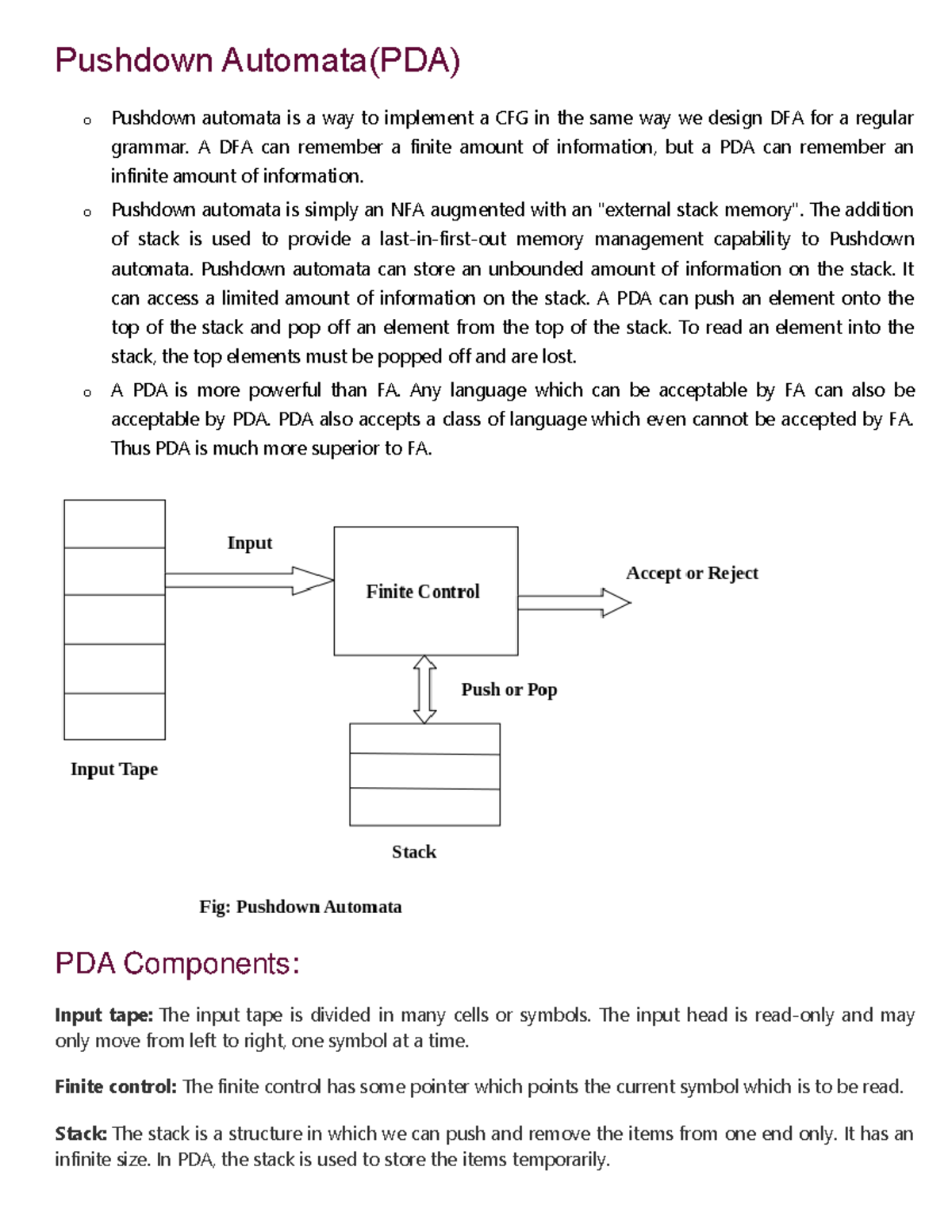 Automata Unit-4: Comprehensive Notes on Pushdown Automata (PDA) - Studocu