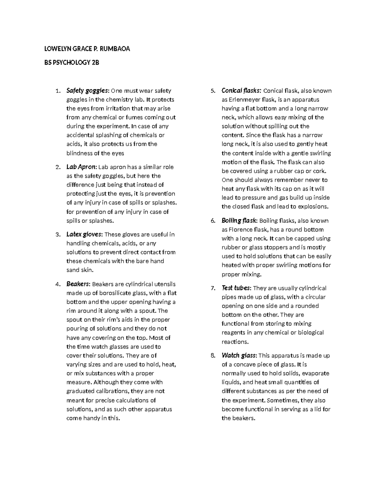 Chemistry Lab Equipment Overview - Assignment for CHEM 2B - Studocu