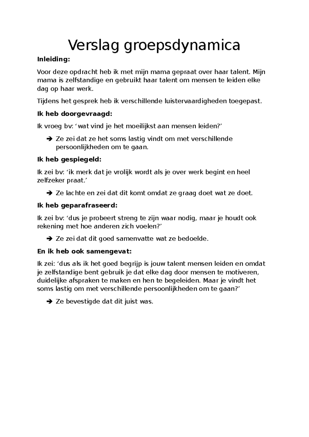 Verslag Groepsdynamica: Luistervaardigheden en Talent Ontdekken - Studocu