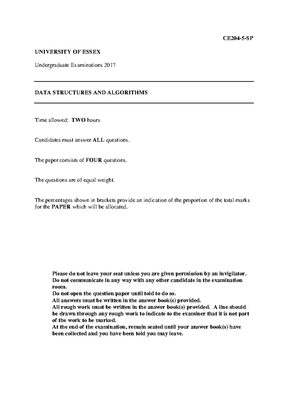 Exam 2017, questions - CE204-5-SP UNIVERSITY OF ESSEX Undergraduate Examinations 2017 DATA - Studocu
