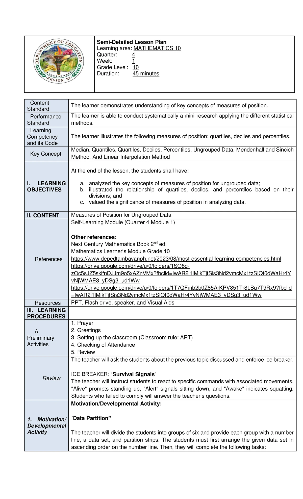 LP MATH 10 Q4 W2: Lesson Plan on Measures of Position for Grouped Data ...