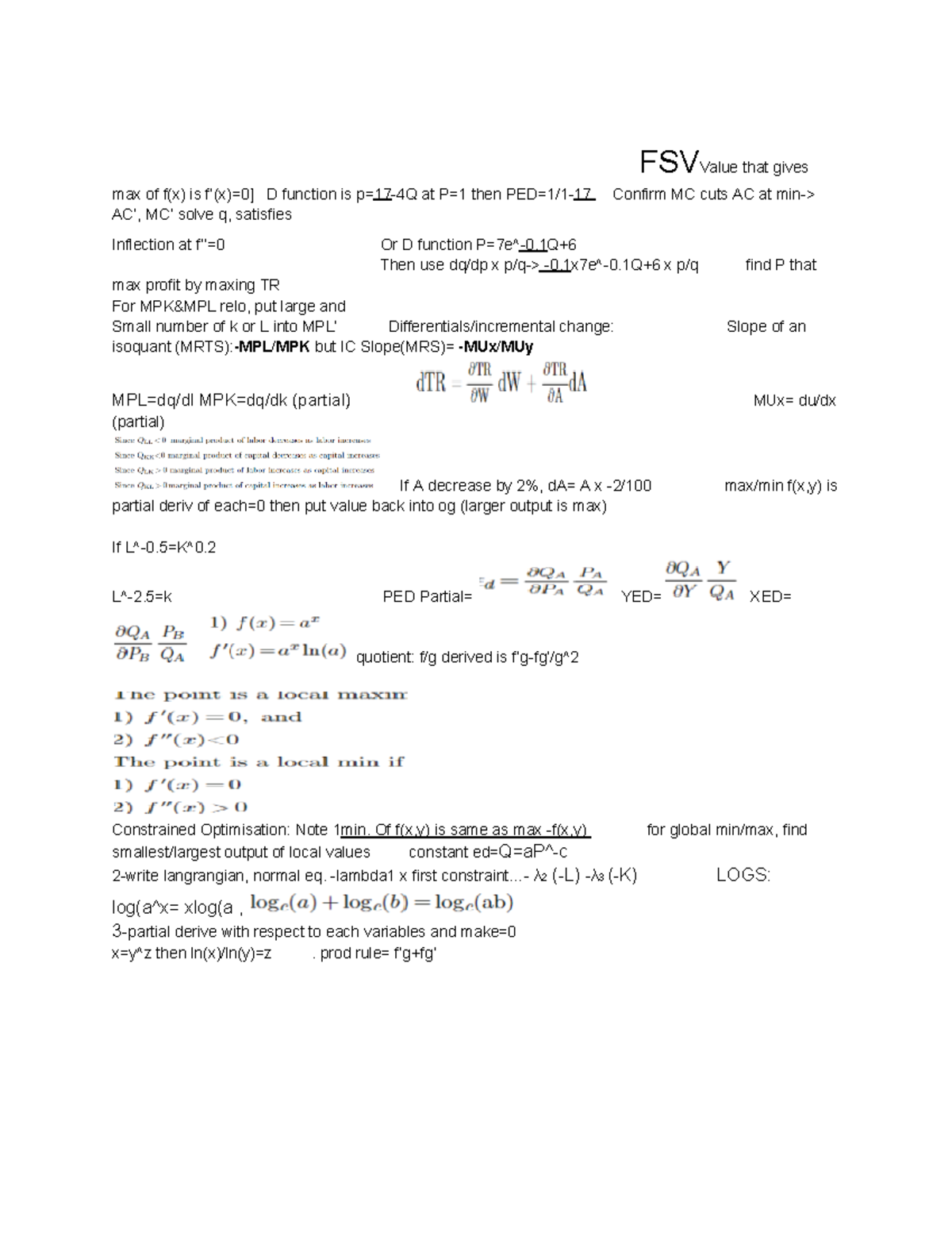 Economics Cheat Sheet 1003: Key Formulas & Theorems for Optimization - Studocu