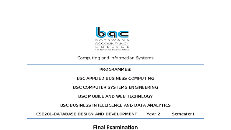 BSC Computing & Info Systems Year 2 Sem 1 Final Exam 2023 - Studocu