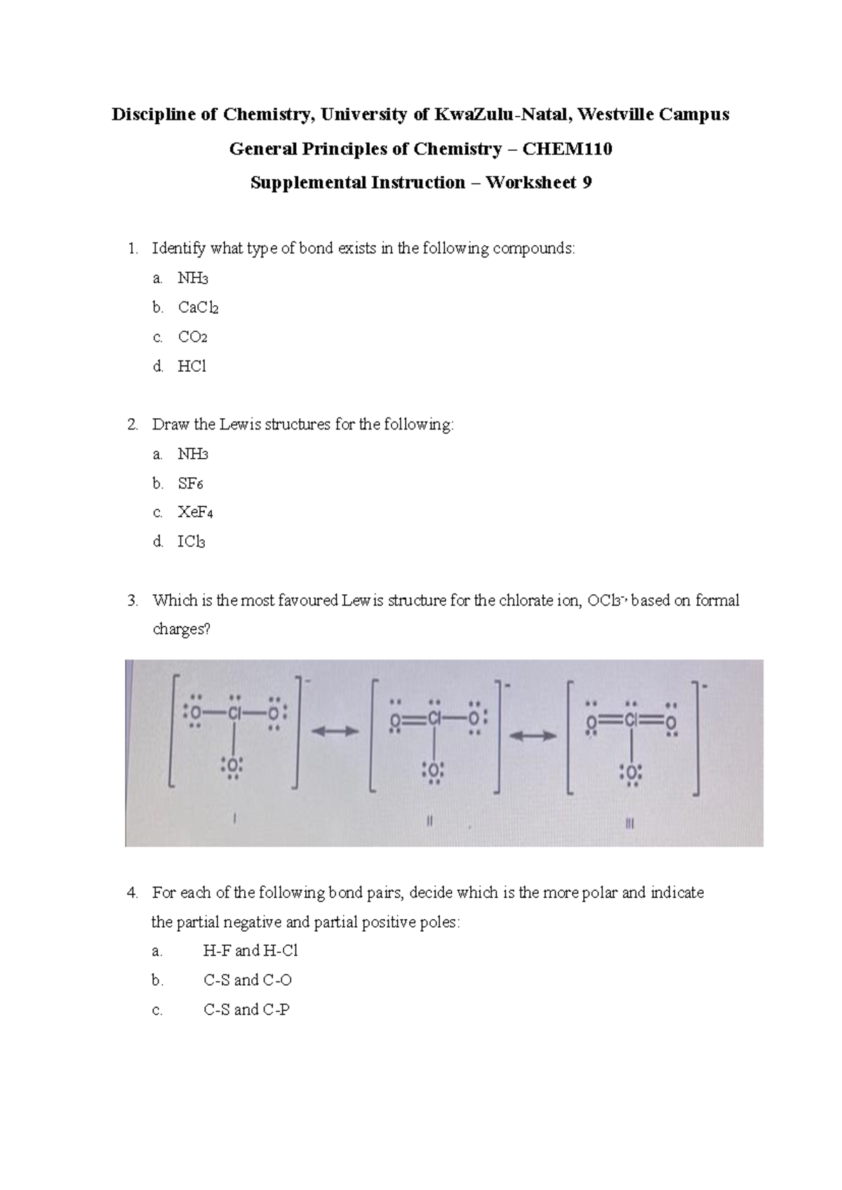 CHEM110 Supplemental Instruction Worksheet 9 - Studocu