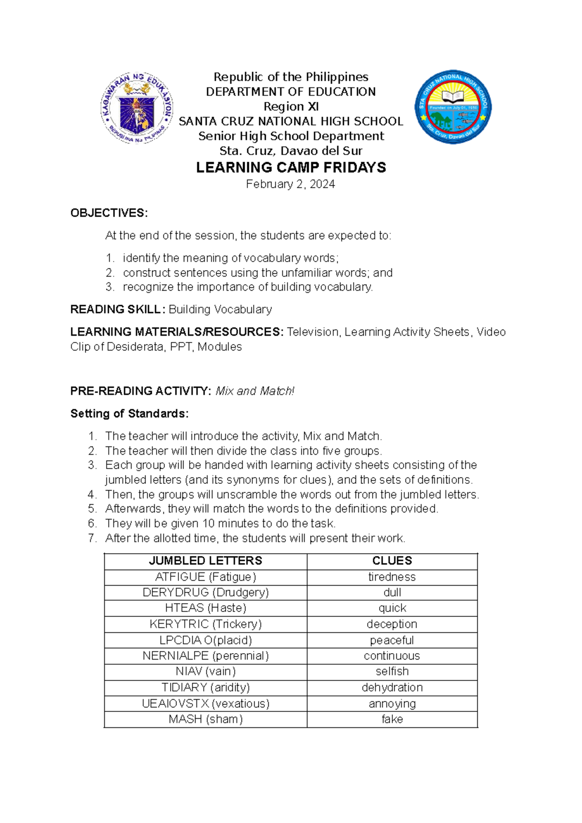 Lesson Plan Building Vocabulary - Republic of the Philippines ...