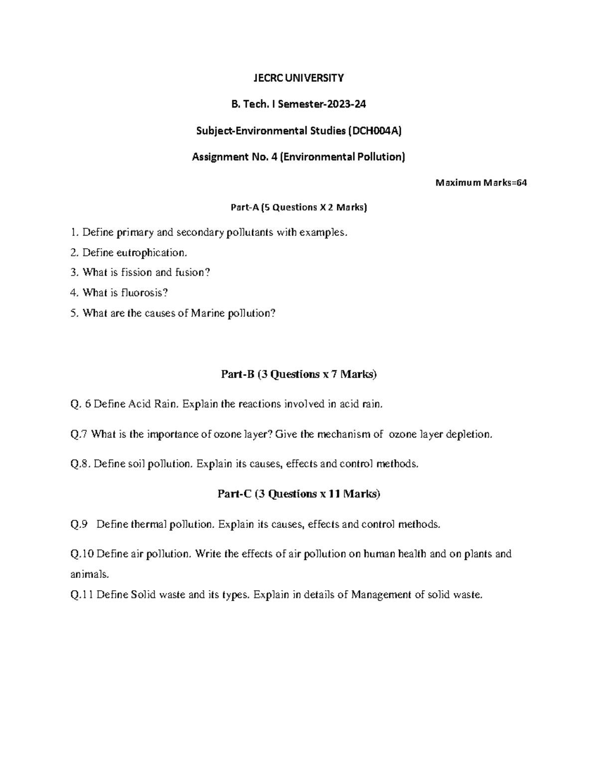 B. Tech. I Studies (DCH004A) Assignment 4: Environmental Pollution ...