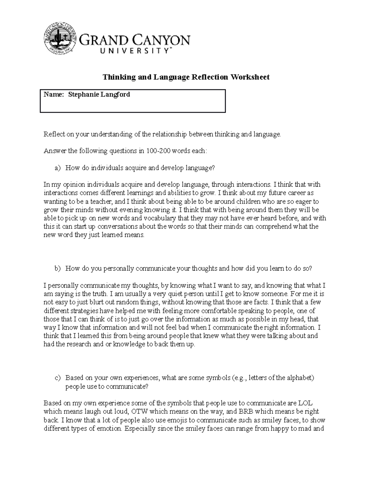 PHI-105 Thinking & Language Reflection - Thinking and Language ...