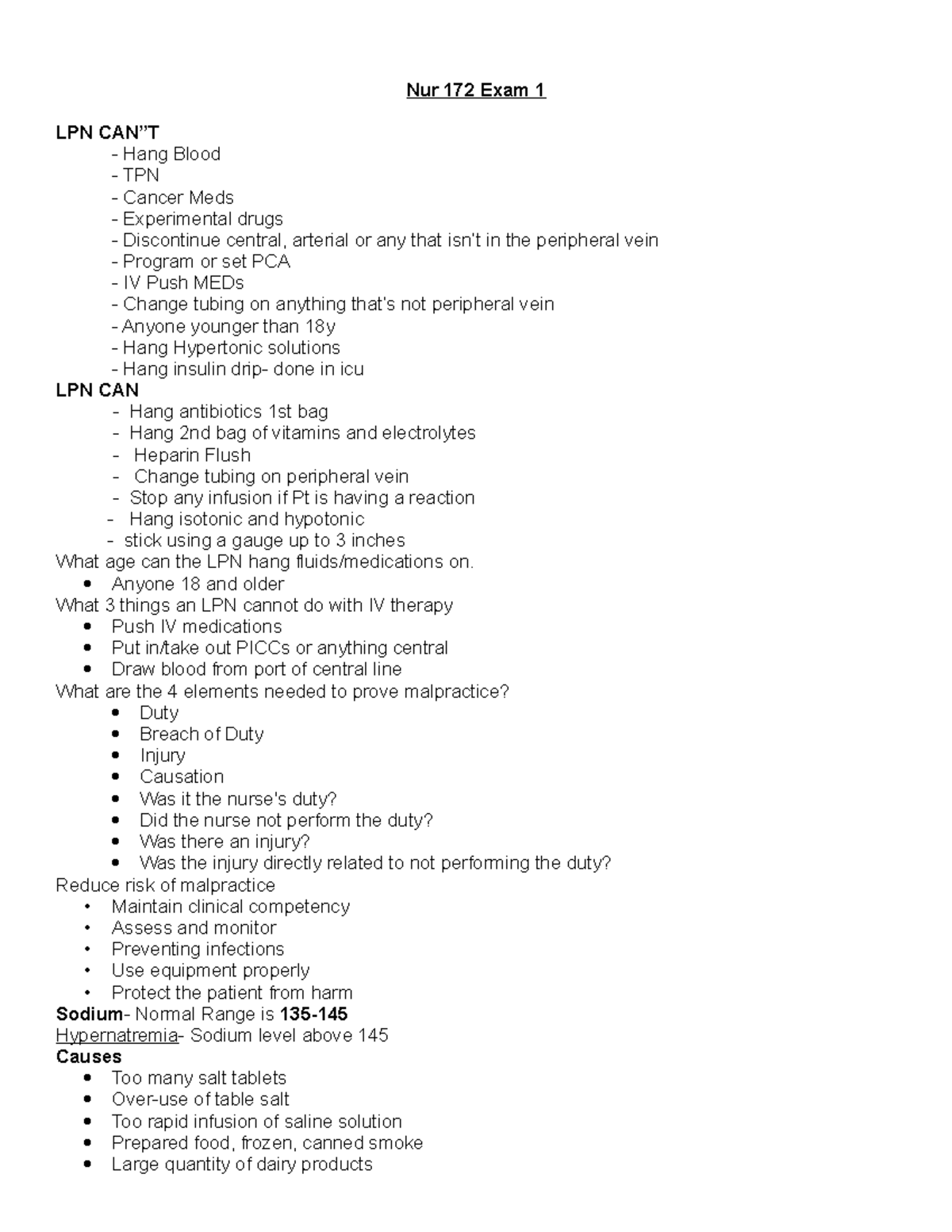 Nur 172 Exam 1 - LPN IV Therapy, Medications, and Malpractice Overview ...