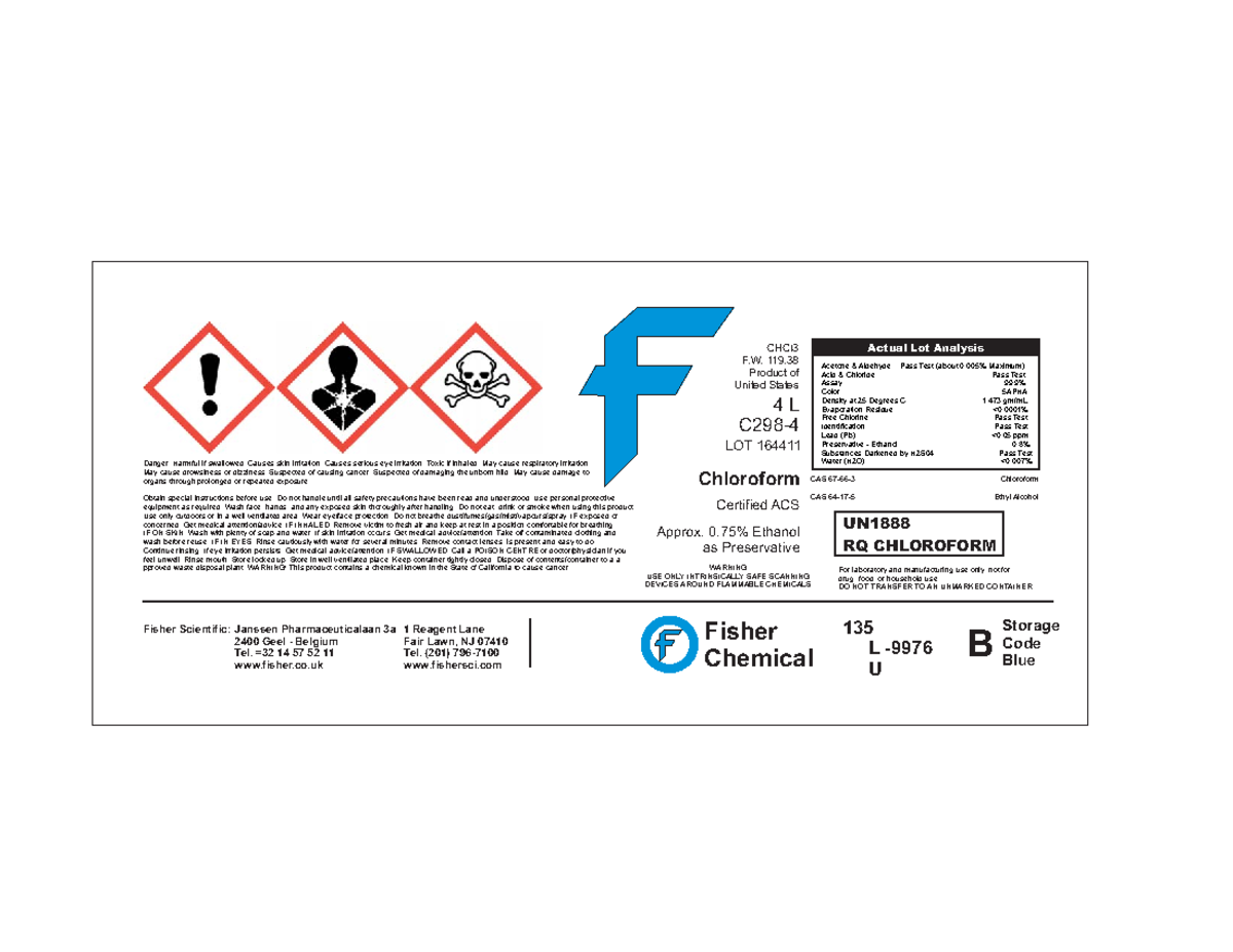 Chloroform Label - Acetone & Aldehyde... Test (about 0% Maximum)Acid ...
