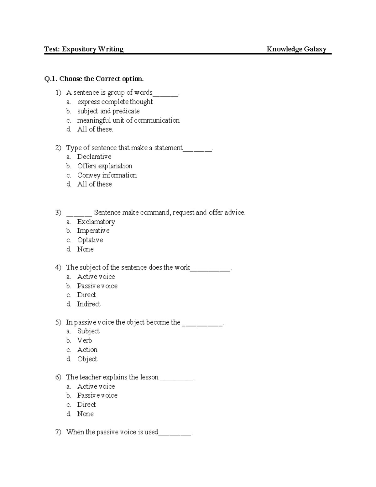 Expository Writing Test: Multiple Choice Questions - Studocu