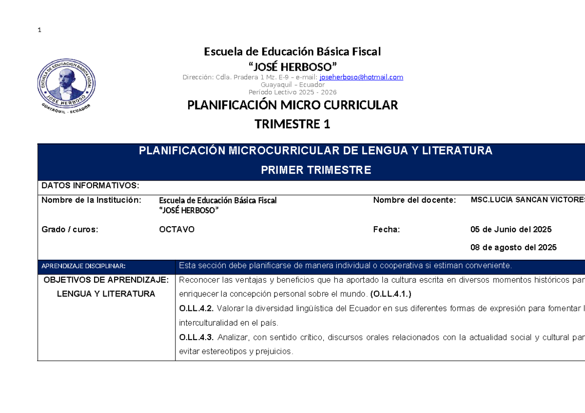 8VO - LL - PLANIFICACIÓN MICROCURRICULAR 1ER TRIMESTRE 2025-2026 - Studocu