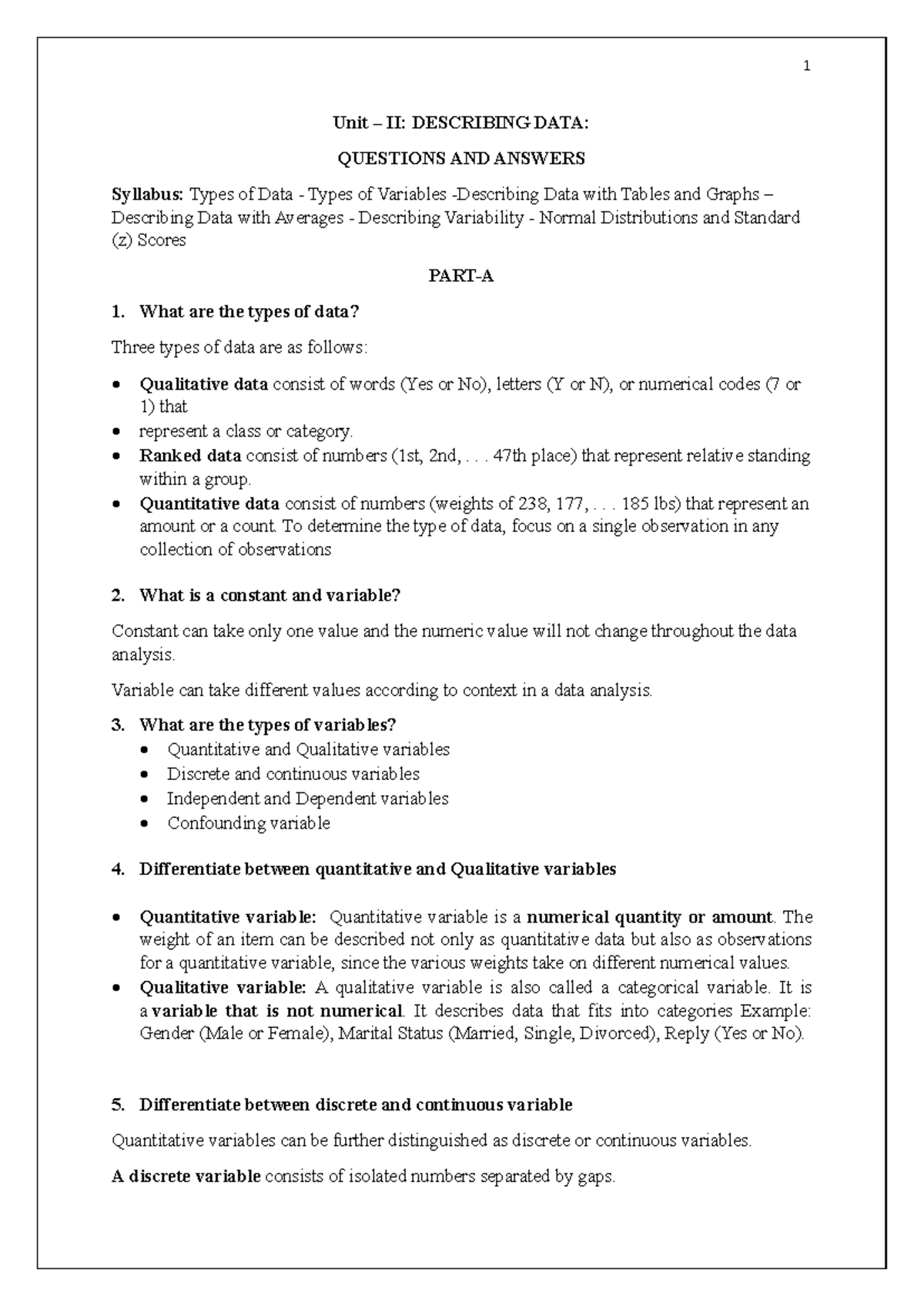 Unit II: Describing Data - Questions & Answers on Data Types and ...