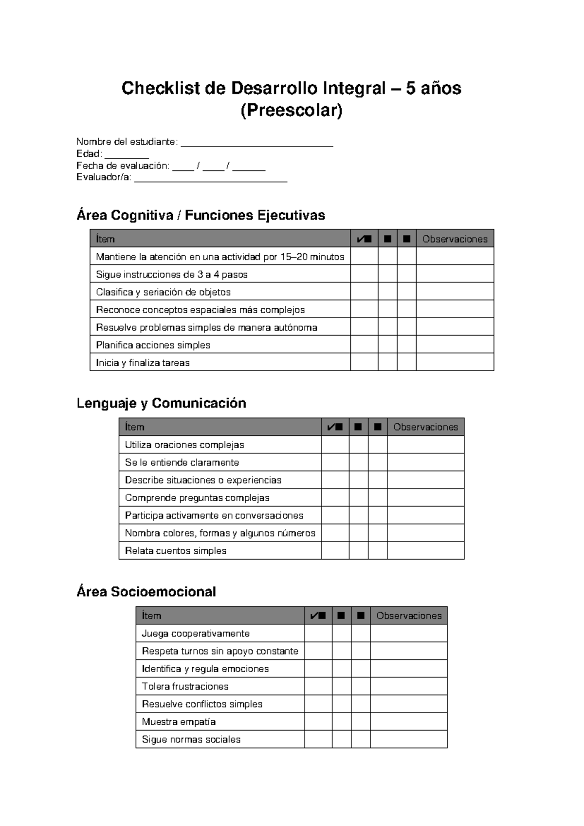 Checklist de Desarrollo Integral 5 Años (Preescolar) - Studocu