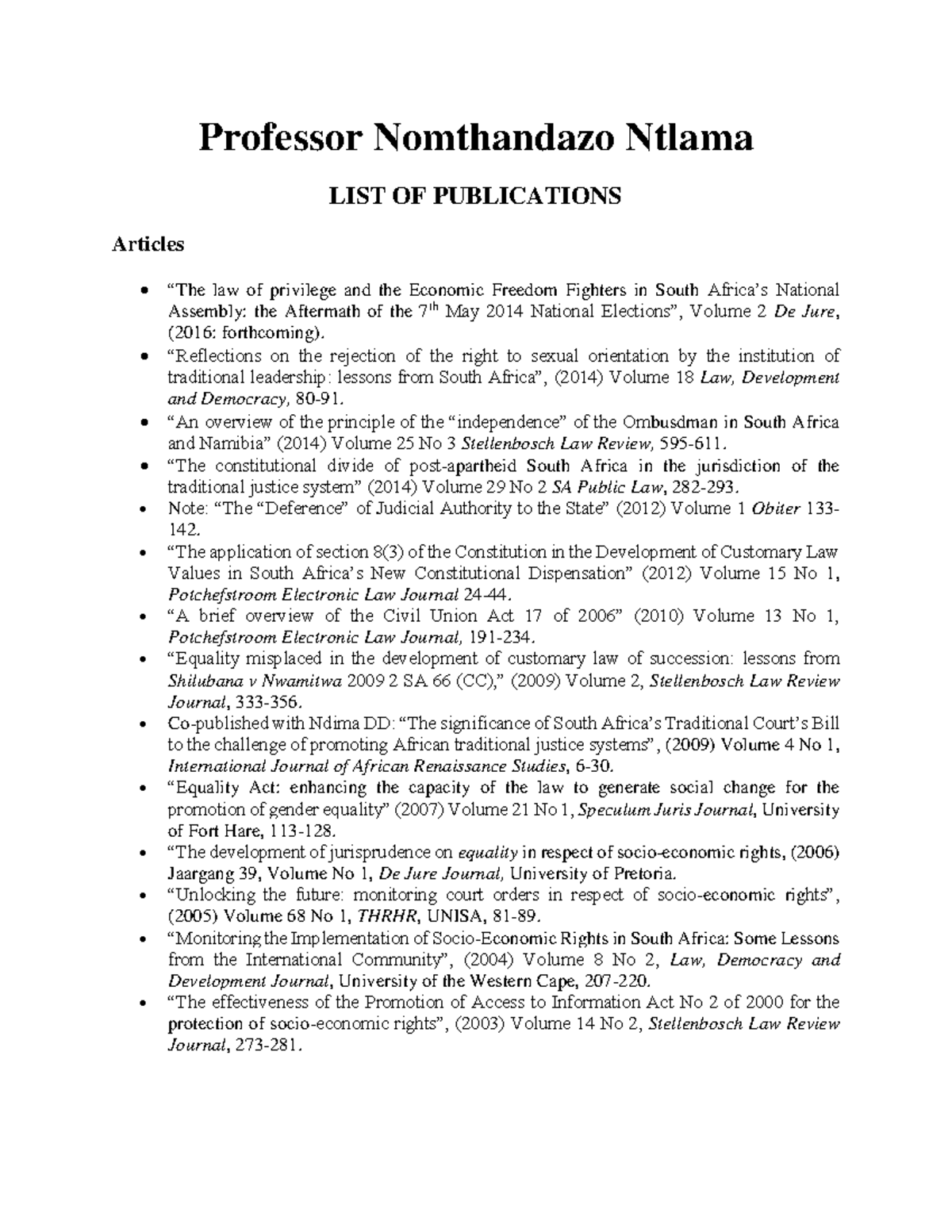 Professor Nomthandazo Ntlama: Comprehensive Publication List - Studocu