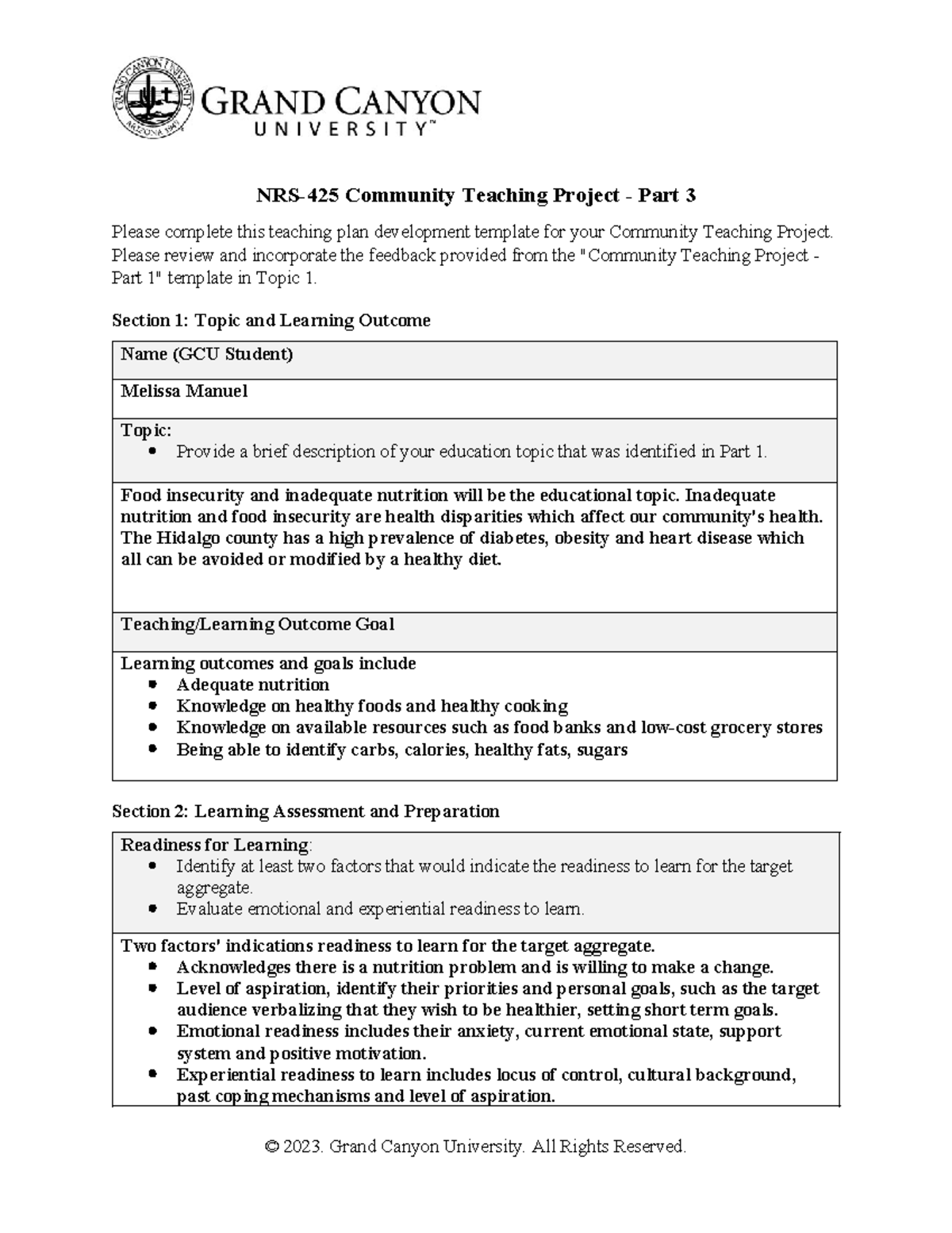 NRS 425 RS T2 Community Teaching Project - Food Insecurity Plan - Studocu