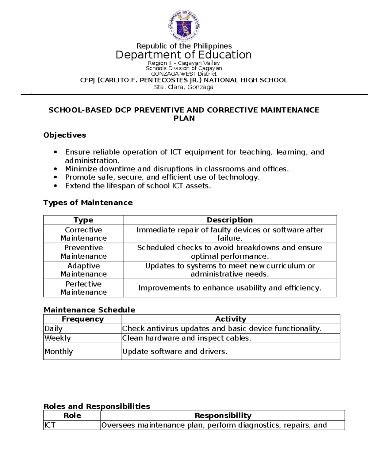 DCP Preventive & Corrective Maintenance Plan for ICT Equipment - Studocu