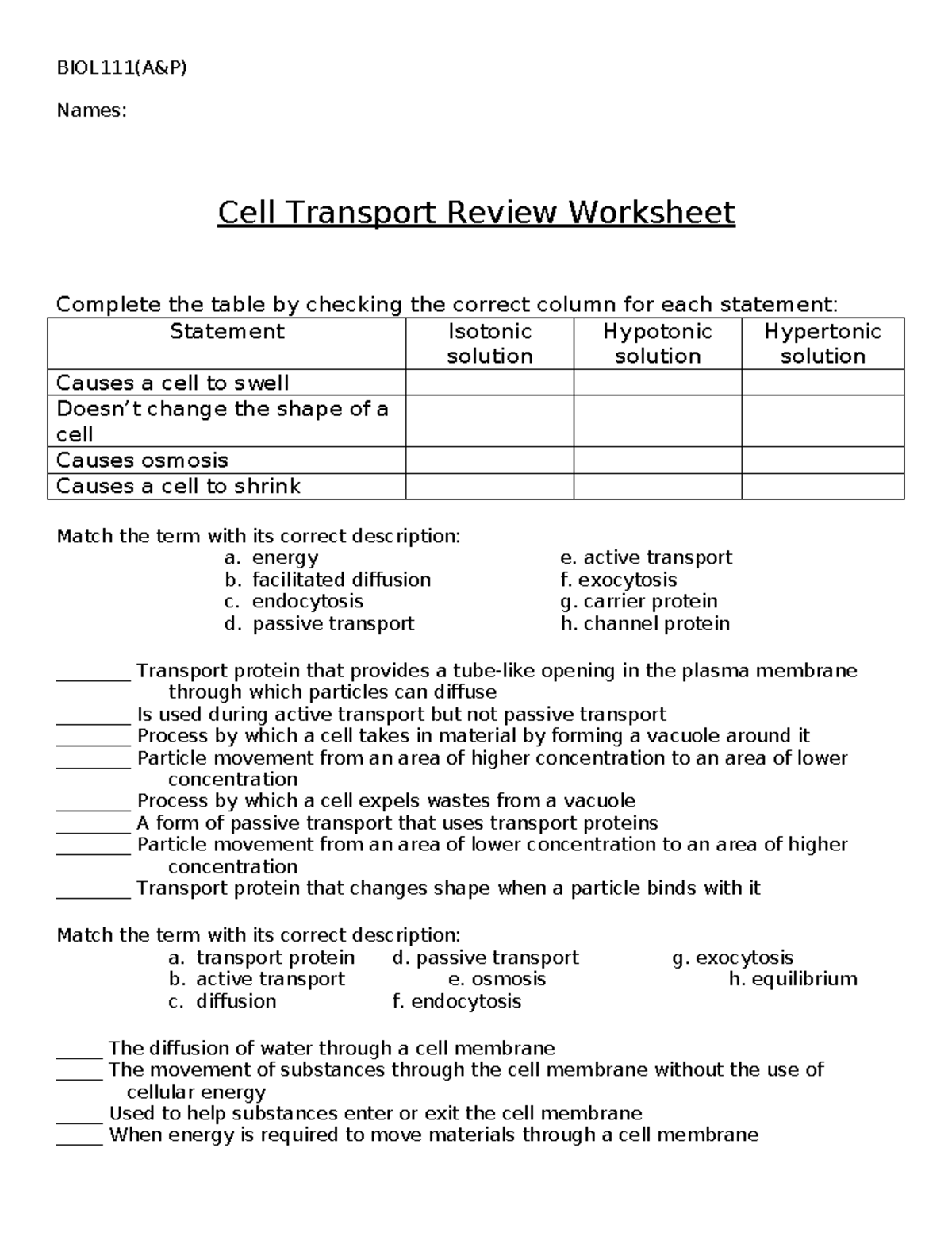 Cell Transport Review Worksheet: Isotonic, Hypotonic, Hypertonic ...