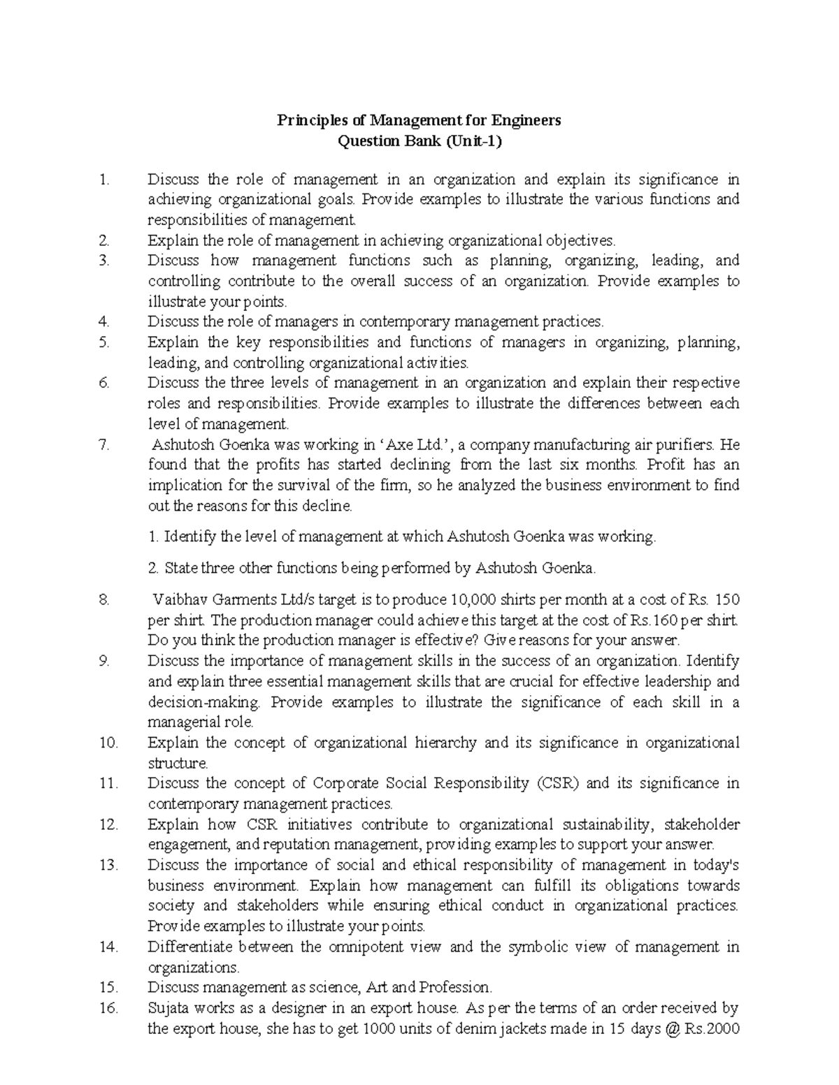 PME 101: Principles of Management for Engineers - Comprehensive Question Bank - Studocu