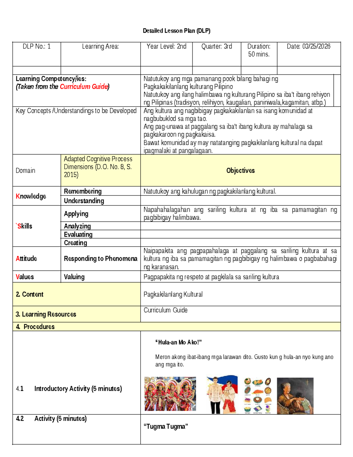 Detailed Lesson Plan (DLP) for 2nd Year: Cultural Identity in the ...
