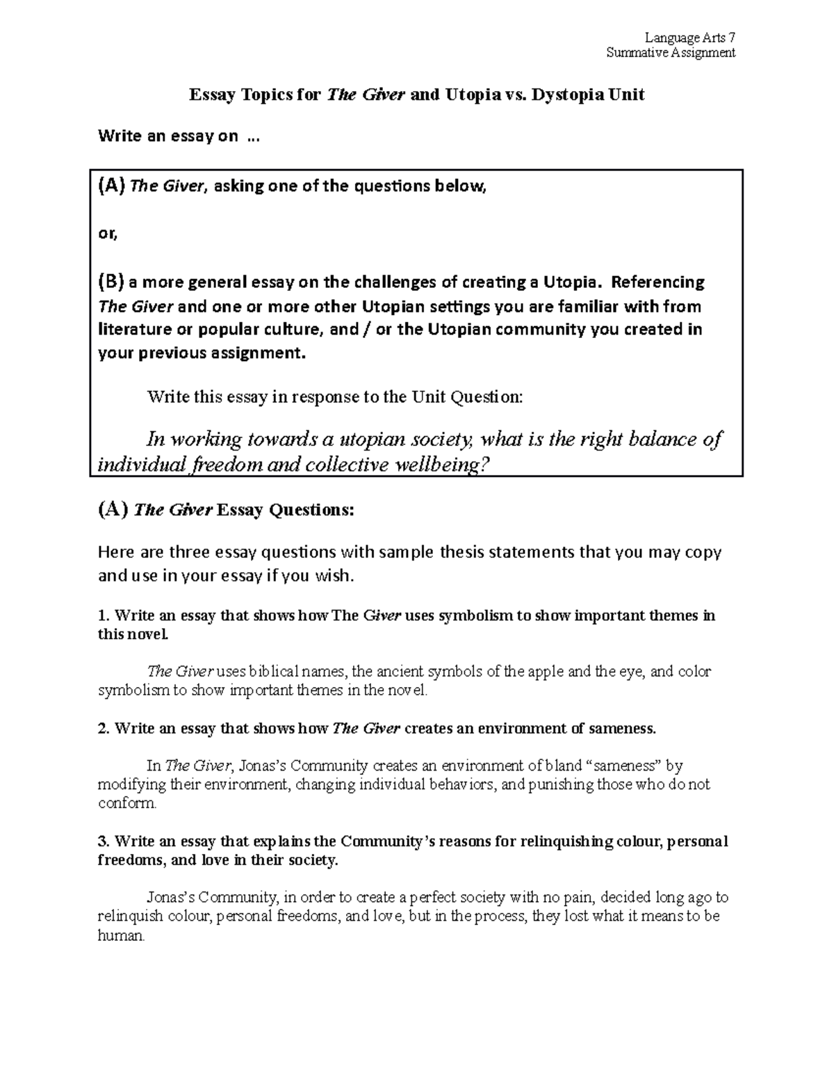 Essay Topics for The Giver and Utopia vs - Dystopia Unit Write an essay ...