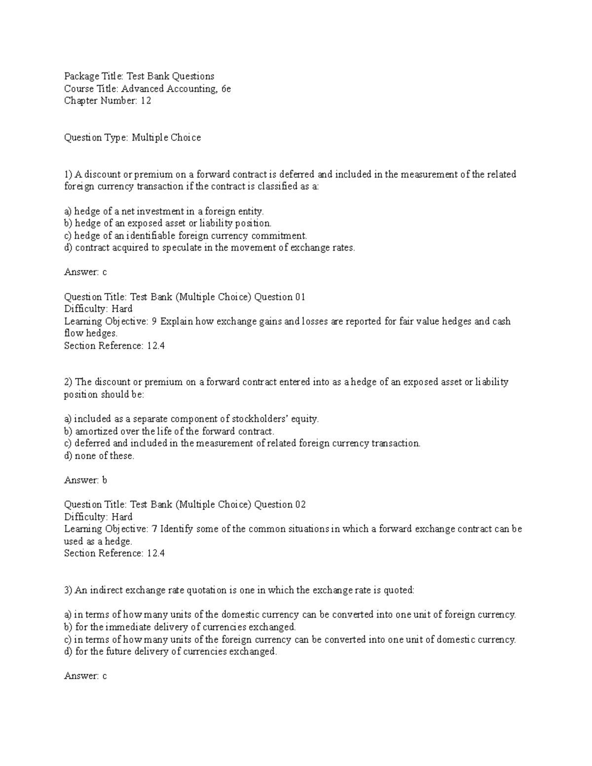 Test Bank Questions for Advanced Accounting (Chapter 12) - Studeersnel