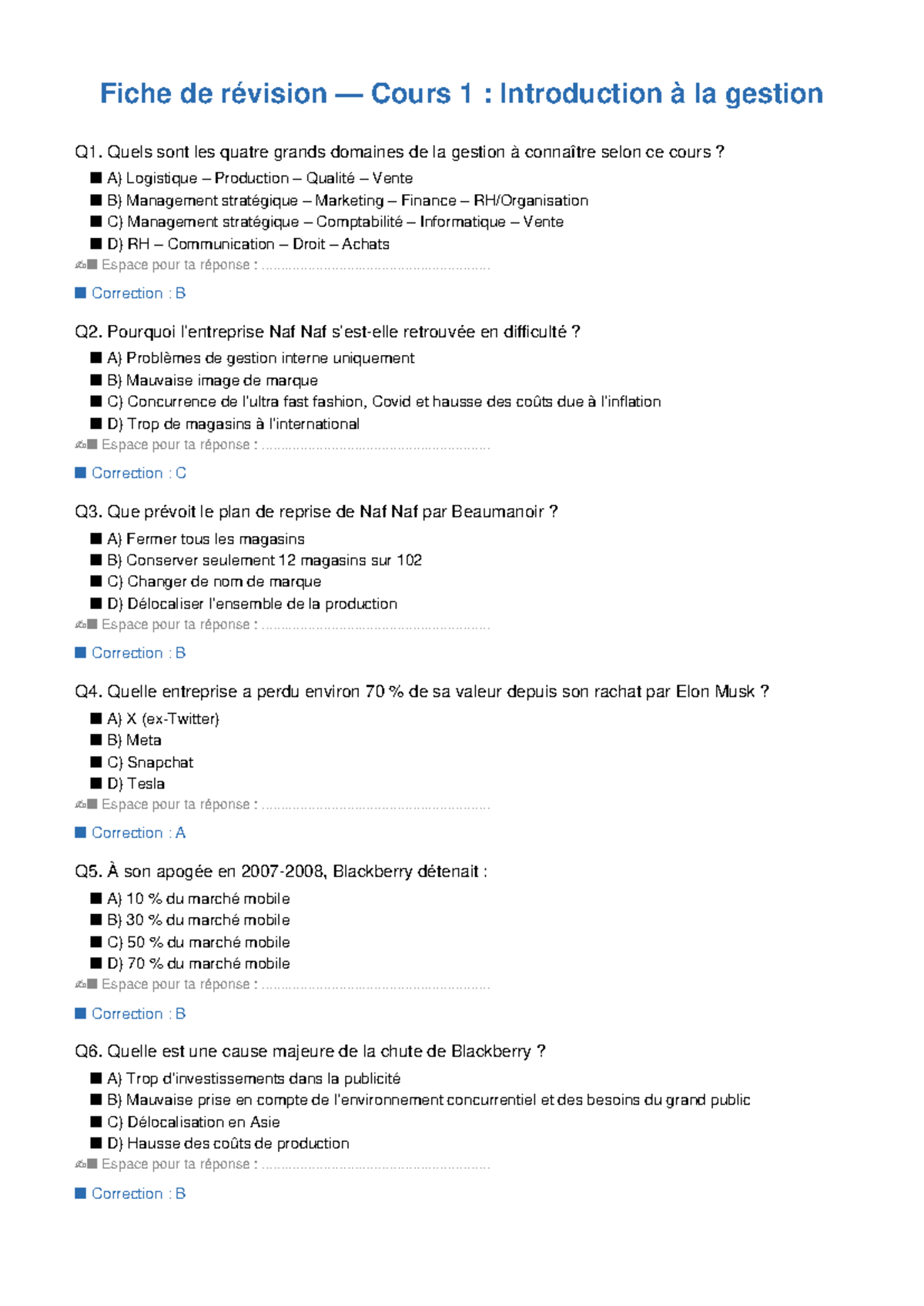 Fiche de révision Cours 1 : Introduction à la gestion - QCM et ...