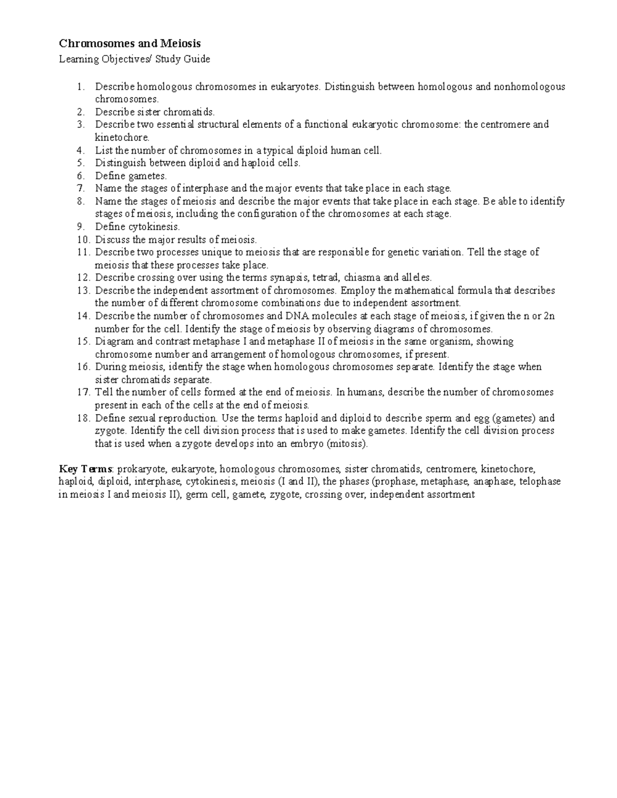 Meiosis and Chromosomes Study Guide (Biology 101) - Studocu