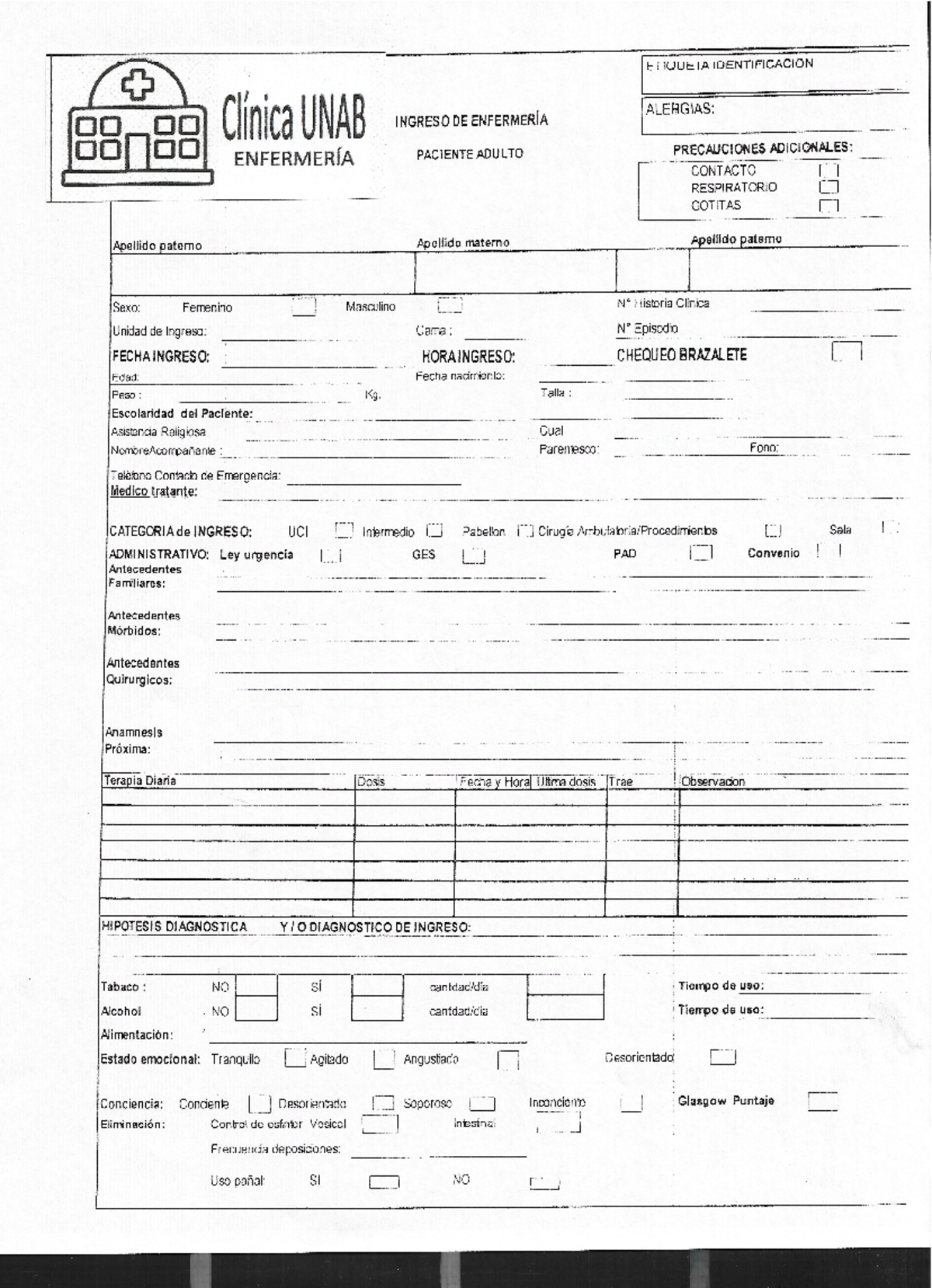 Hoja de Ingreso de Paciente Adulto en Enfermería (1) - Studocu