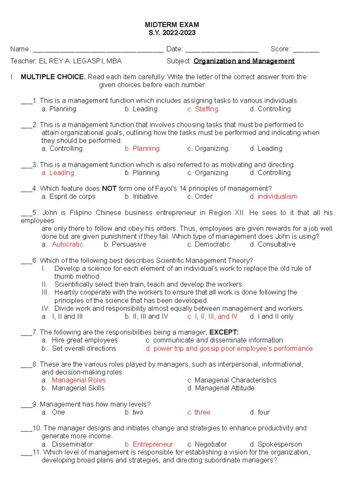Midterm Exam Review: Organization and Management (S.Y. 2022-) - Studocu