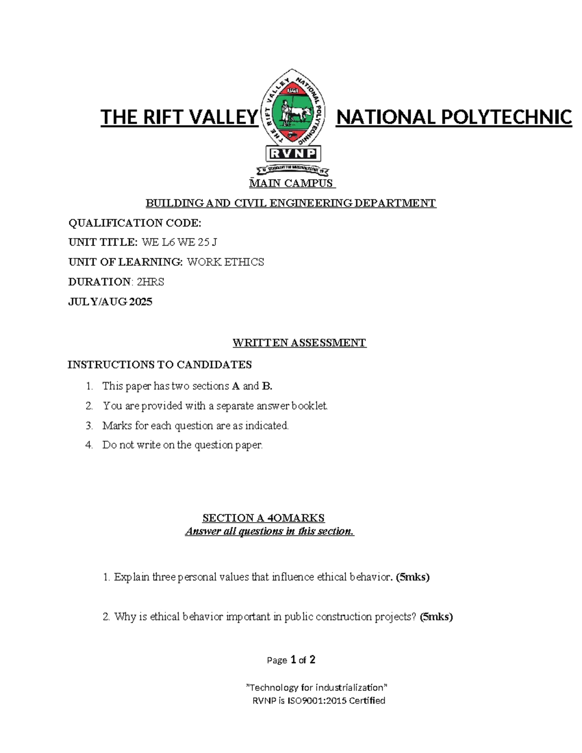 WE 25 J Work Ethics Assessment - RVNP Building & Civil Eng. - Studocu