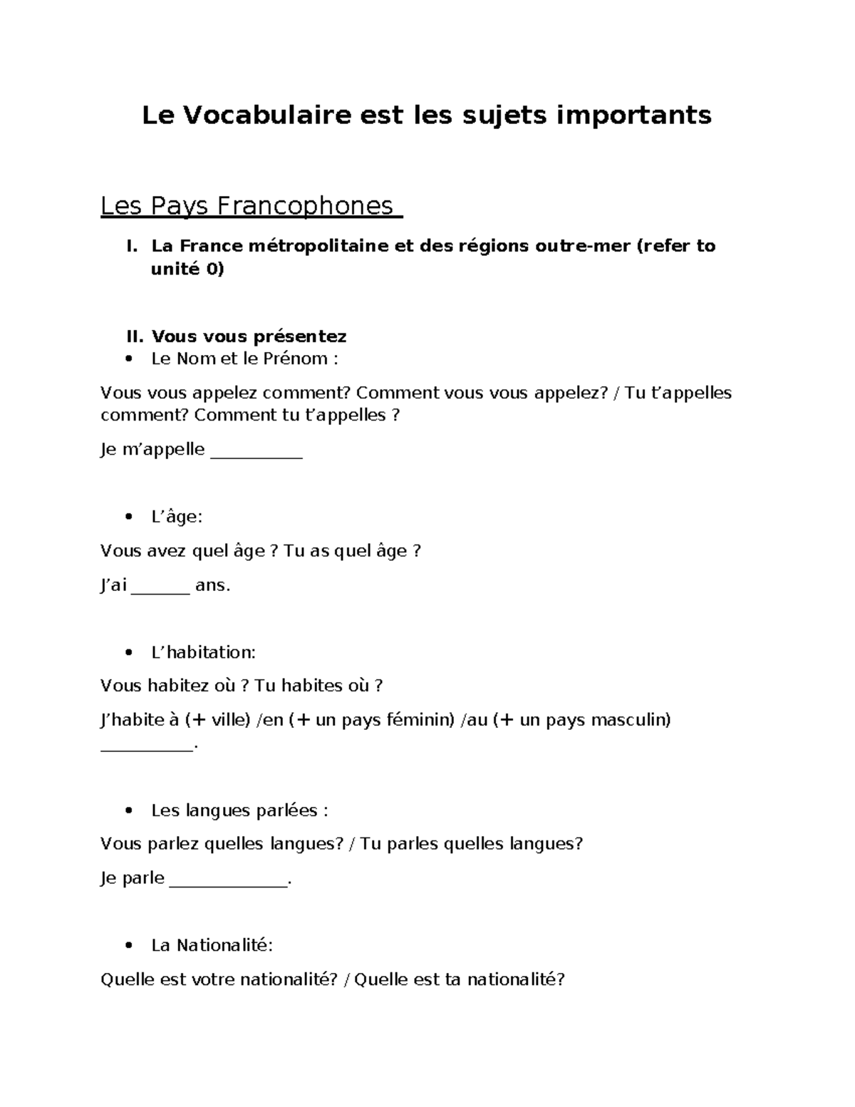 Grade 9 French Vocabulary: Essential Topics Overview - Studocu