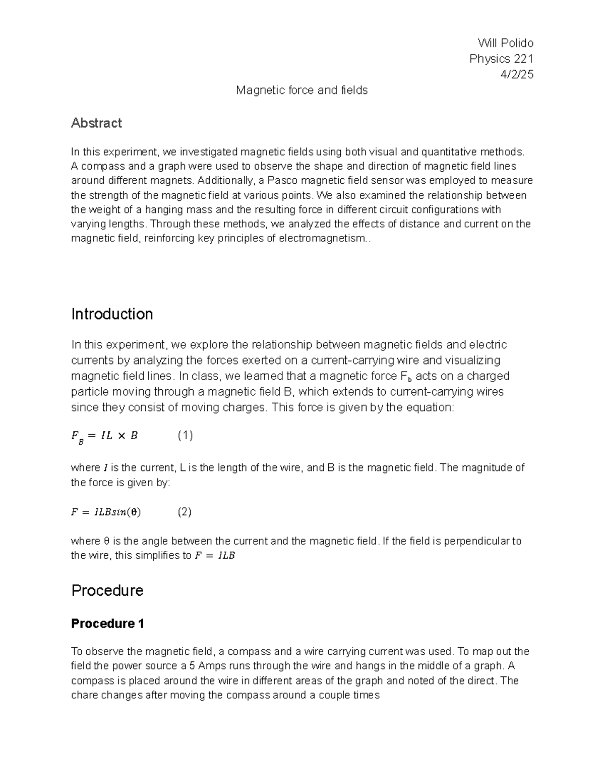 Physics 221 Lab 8 - Investigating Magnetic Forces and Fields - Studocu