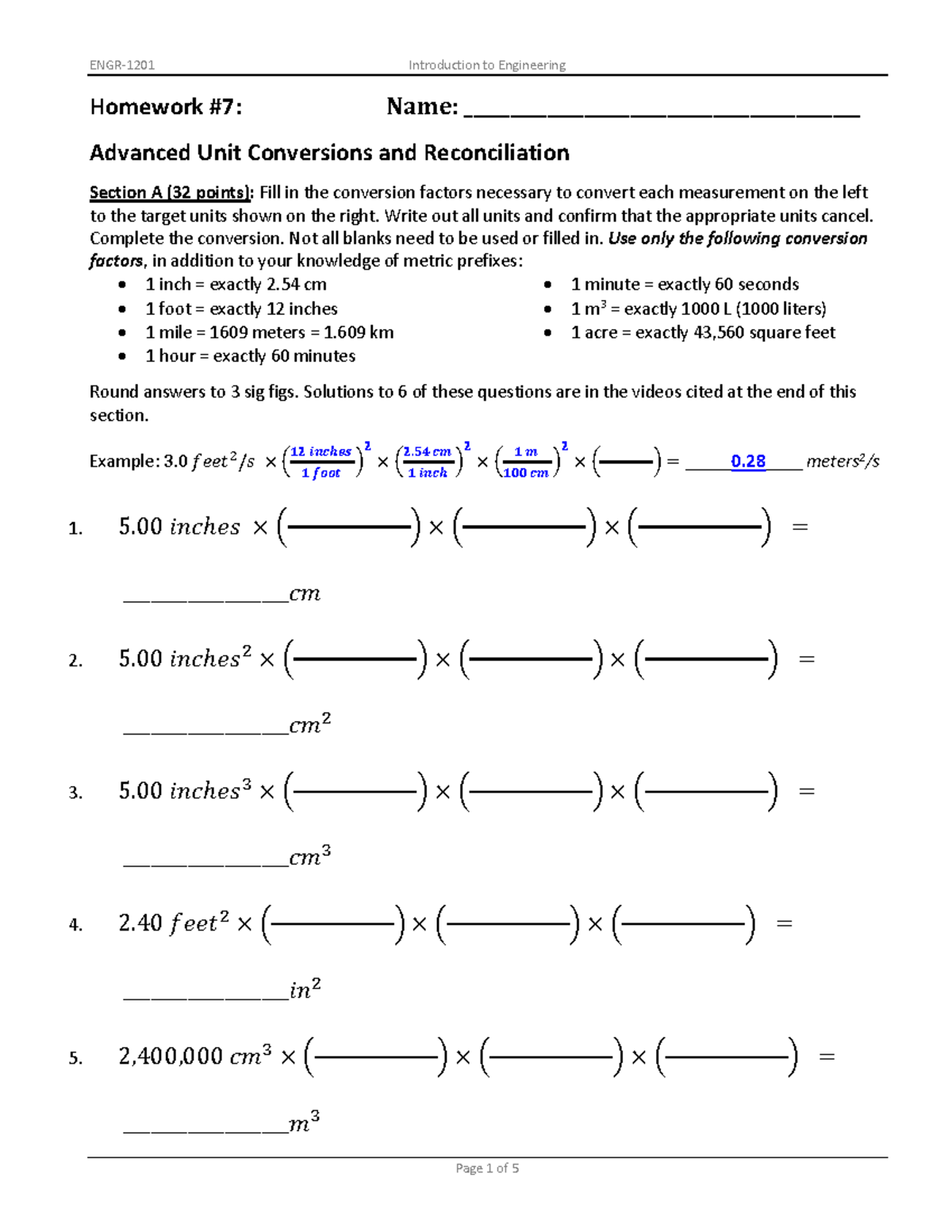 HW7 ENGR-1201 advanced unit conversion and reconciliatio - Homework # 7 ...
