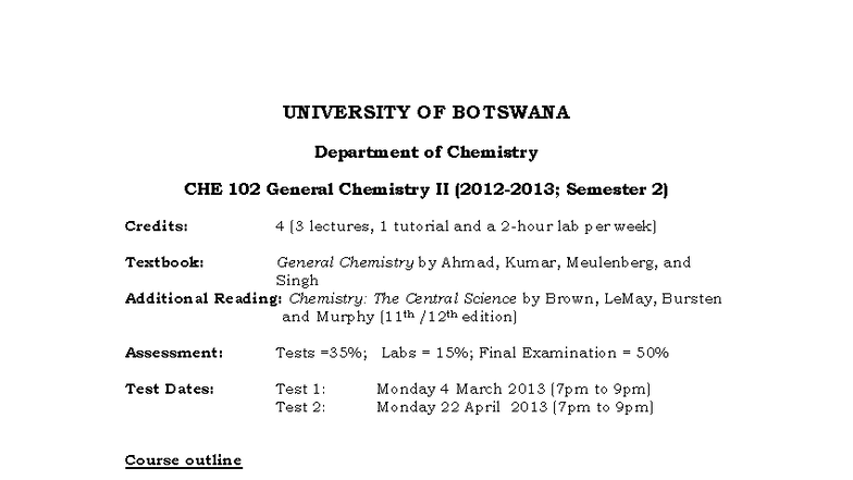 CHE 102 General Chemistry II Course Outline and Assessment Details ...