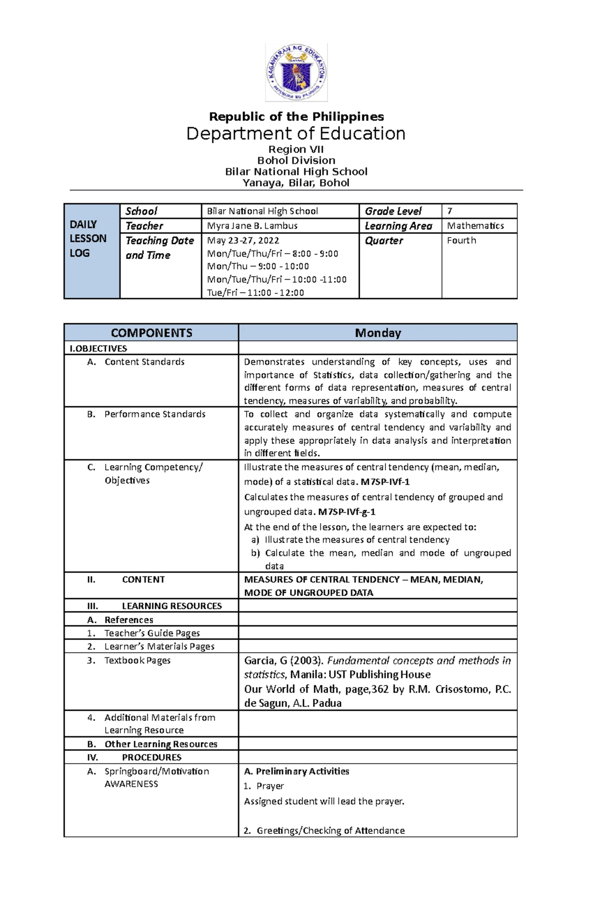 Lesson Plan 6 Summative Test Module 4 1 - Republic of the Philippines ...